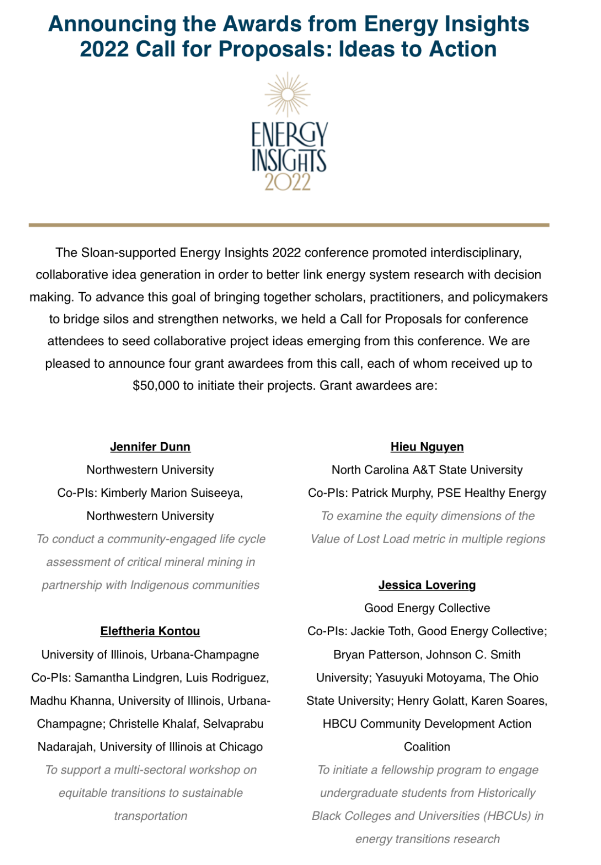 Kontou supported by Sloan Foundation for workshop on equitable clean ...